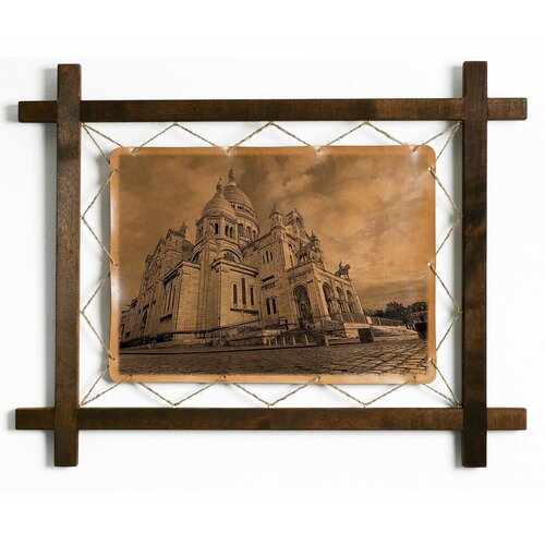 Картина Базилика Сакре-кёр, Франция, гравировка на натуральной коже, в деревянной раме, подарок, BoomGift