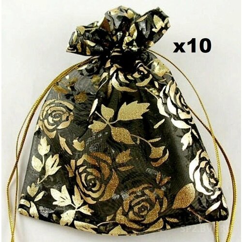 Подарочные мешочки для конфет 10 шт "Роза" чёрно-золотые