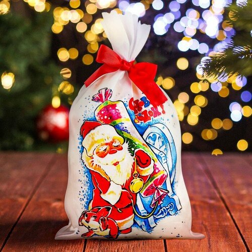 Мешок новогодний "Дед Мороз с хлопушкой", атлас, полноцветная печать, 21х35 см (5 шт)