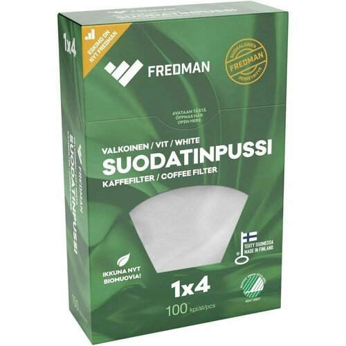 Фильтры для кофеварок, кофемашин, для заваривания кофе белые Fredman 1x4, 100 штук (Финляндия)