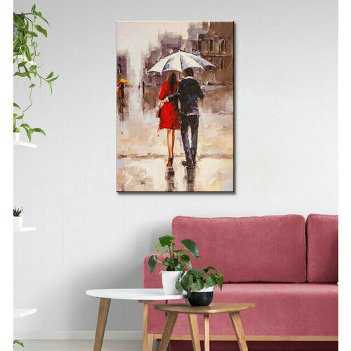 Интерьерная картина на холсте на стену, постер для интерьера/ Двое под зонтом, влюбленные, романтика 20х30