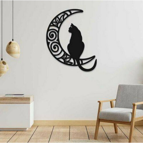 Панно 50х30 см "Котик и Полумесяц" декоративное настенное чёрное, декор на стену, картина