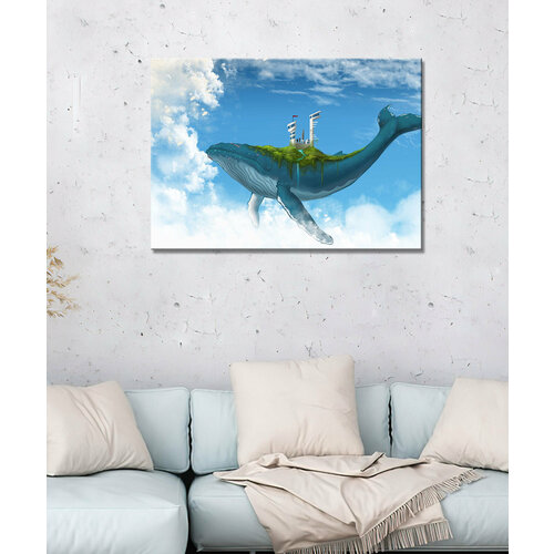 Картина - кит, арт, синий кит, кит в небе, кит в облаках, держит здание (5) 60х80