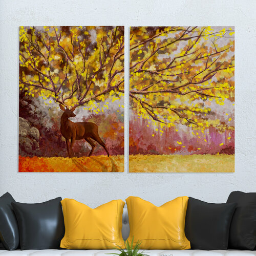 Модульная картина для интерьера "Осенний лес", большая, на стену, в наборе 2 вертикальные картины, размер каждой 30х45 см, общий размер 60х45 см.