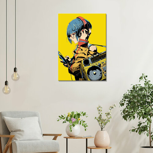 Интерьерная картина на холсте - Аниме-девушка с жёлтой магнитолой 30х40