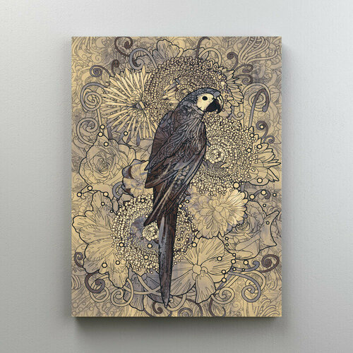 Интерьерная картина на холсте "Монохромный попугай и цветы" размер 45x60 см