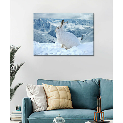 Картина - Заяц, зайцы, зайчонок, зайка, ушастый заяц, пушистый заяц, белый заяц, заяц зимой (7) 40х60