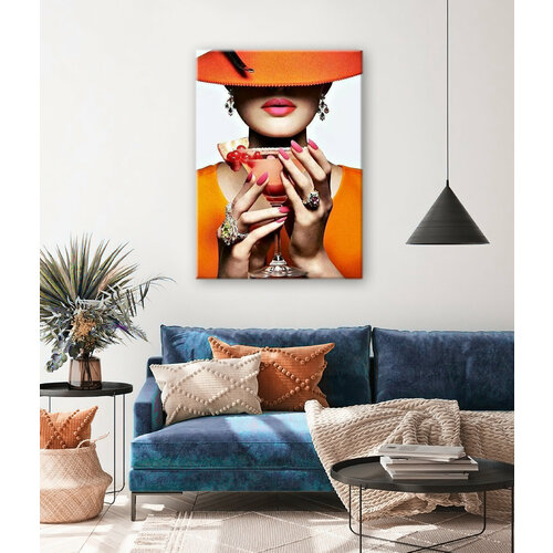 Интерьерная картина на стену - девушка в оранжевой шляпке 50х70