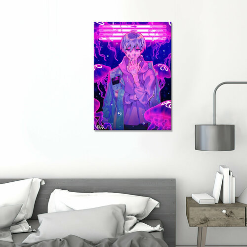 Интерьерная картина на холсте - Аниме-мальчик с неоновыми медузами арт 20х30