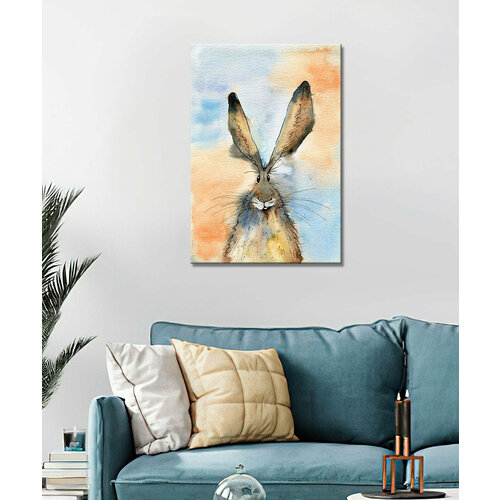 Картина - Заяц, зайцы, зайчонок, зайка, ушастый заяц, пушистый заяц, заяц рисунок, заяц акварель, заяц стилизация, заяц арт (21) 50х70