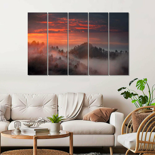 Модульная картина/Модульная картина на холсте/Модульная картина в подарок/живописный закат в лесу-picturesque sunset in the forest 125х80