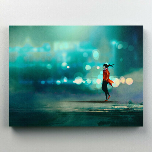 Интерьерная картина на холсте "Красивая девушка в красном жакете на фоне голубого света" размер 60x45 см