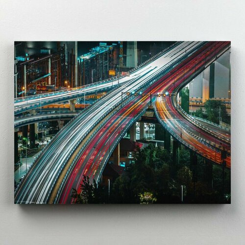 Интерьерная картина на холсте "Автомобили, едущие по городскому шоссе вечером" размер 60x45 см