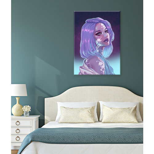 Картина/Картина на холсте/Картина на холсте для интерьера/- Красивая девушка фиолетовые волосы с цветами на теле 40х60