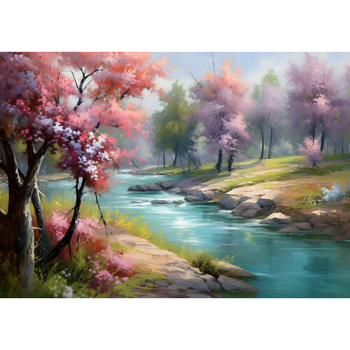 Постер - "Весенние цветы на берегу реки"на плотной бумаге / А1 / в тубусе без рамы