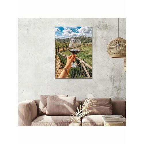 Картина на холсте с подрамником Бокал белого вина на фоне гор 40х60