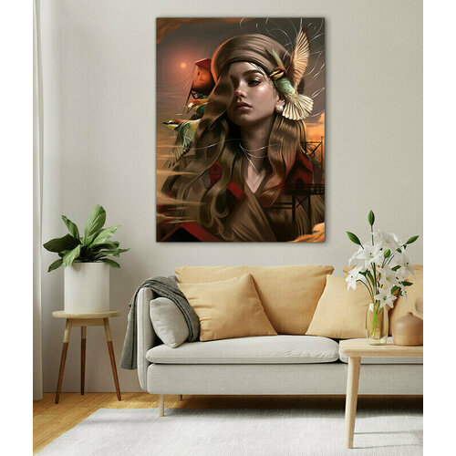 Интерьерная картина на холсте "Красивая девушка с колибри - Арт" размер 22x30 см
