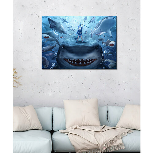 Картина -Акула, акула арт, акула рисунок, злая акула, пасть акулы (6) 40х60
