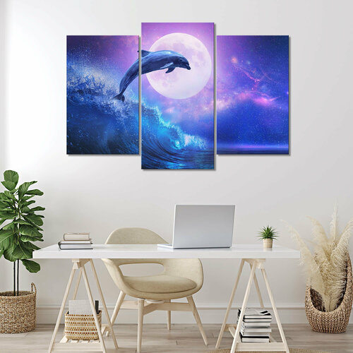 Модульная картина/Модульная картина на холсте/Модульная картина в подарок/дельфин на фоне луны-dolphin on the background of the moon150х100