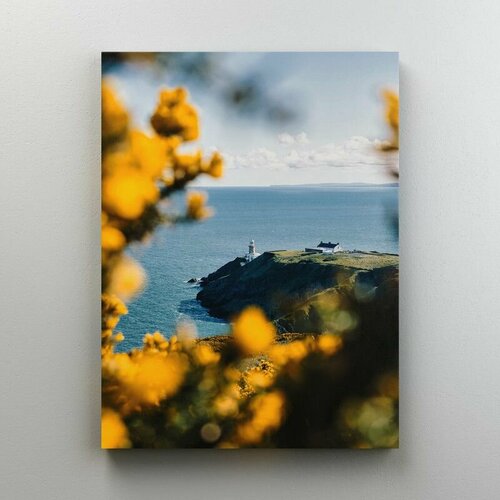 Интерьерная картина на холсте "Пейзаж - маяк у моря и желтые цветы" размер 30x40 см