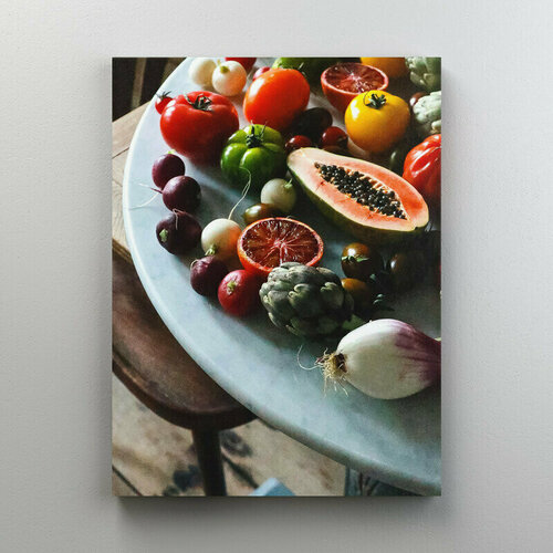Интерьерная картина на холсте "Ассорти фруктов и овощей на столе" размер 45x60 см