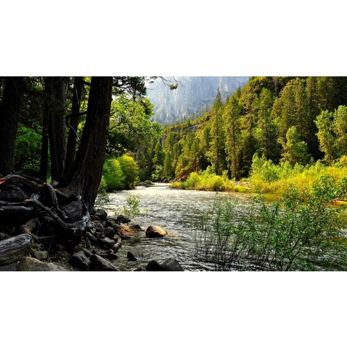Картина на холсте 60x110 LinxOne "Калифорния лес Йосемити сша озеро" интерьерная для дома / на стену / на кухню / с подрамником