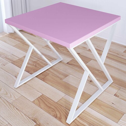 Стол кухонный Loft с квадратной столешницей розового цвета из массива сосны 40 мм и белыми металлическими Z-образными ножками, 80x80х75 см