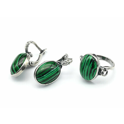 Комплект бижутерии: серьги, кольцо, малахит синтетический, размер кольца 18, зеленый