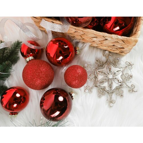Набор стеклянных шаров магия оттенка - новогоднее танго, красные и бургунди, глянцевые и глиттер, 5-7 см, 26 шт, Edelman 1082697/86461