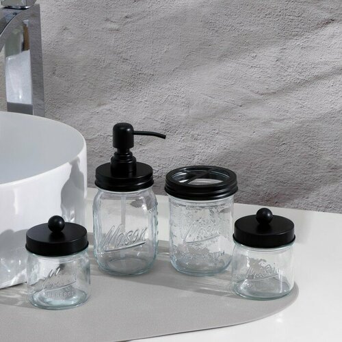 MARU Набор аксесуаров для ванной, 4 предмета (дозатор, стакан для щёток, 2 банки), цвет чёрный