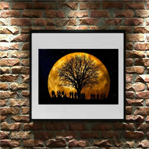Постер "Люди на фоне огромной Луны" от Cool Eshe из коллекции "Креатив", плакат А4 (29,7 х 21 см)