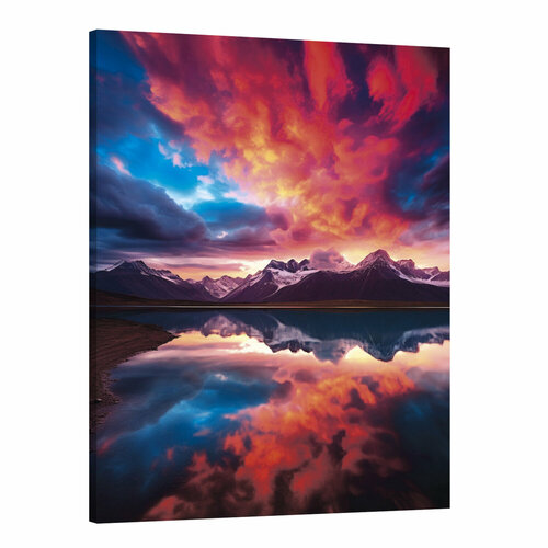 Интерьерная картина 50х70 "Пейзаж с закатом и отражением в воде"