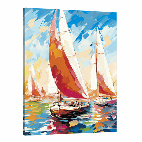 Интерьерная картина 50х70 "Пейзаж с рекой и парусными лодками"