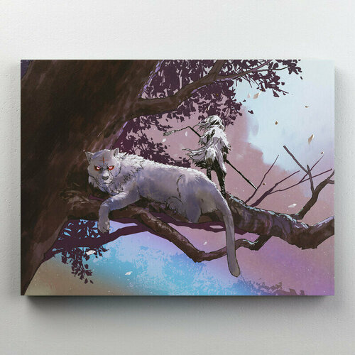 Интерьерная картина на холсте "Арт - аниме охотник и его белый волк" размер 30x22 см