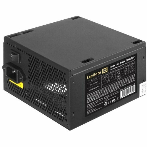 Блок питания 1000W ExeGate 1000PPE (ATX, APFC, PC, КПД 80% (80 PLUS), 12cm fan, 24pin, 2x(4+4)pin, 6xPCI-E, 6xSATA, 4xIDE, black, кабель 220V в компле