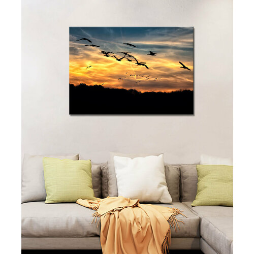 Картина - Гуси, гусь перелетная птица, серые гуси в полёте, стая диких гусей в небе, улетающие гуси на закате (14) 60х80