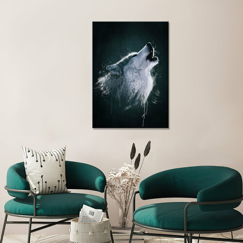 Интерьерная картина на холсте - Волк воет акварель краски арт 30х40