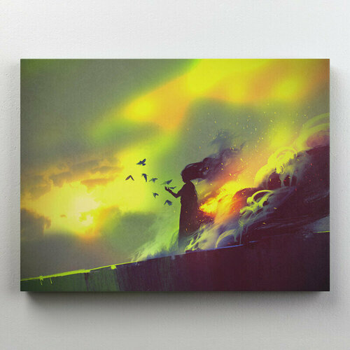 Интерьерная картина на холсте "Девушка в дыму с птицами" размер 40x30 см