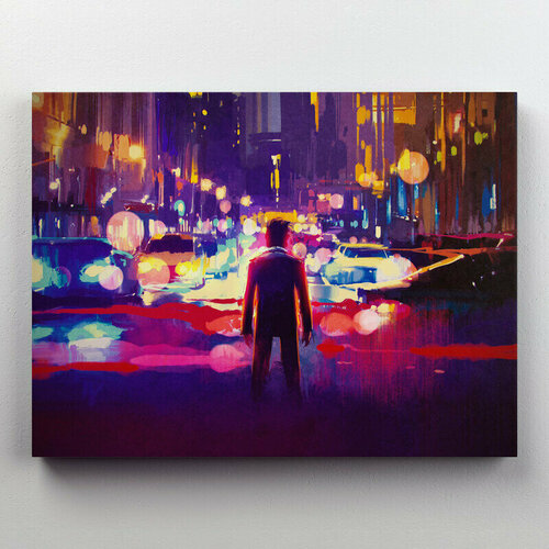 Интерьерная картина на холсте "Живопись - человек стоит на перекрестке дороги и наблюдает за машинами" размер 30x22 см