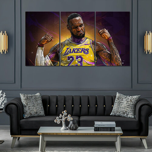 Модульная картина/Модульная картина на холсте в подарок/Lebron James Lakers art/Леброн Джеймс Лейкерс арт 90х50