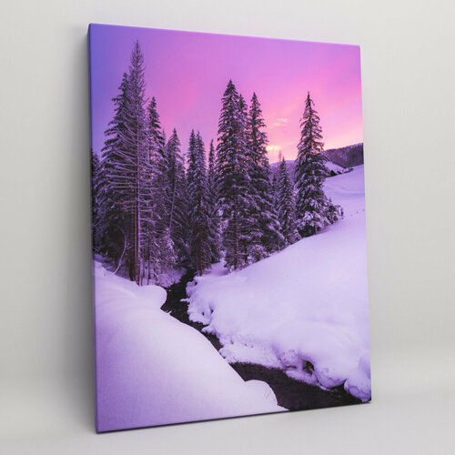 Картина на холсте (интерьерный постер) "Зимний лес в горах" пейзаж, с деревянным подрамником, размер 30х40 см