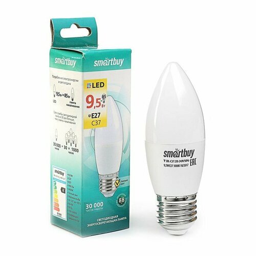 Лампа светодиодная Smartbuy, E27, C37, 9.5 Вт, 3000 К, теплый белый свет (комплект из 12 шт)