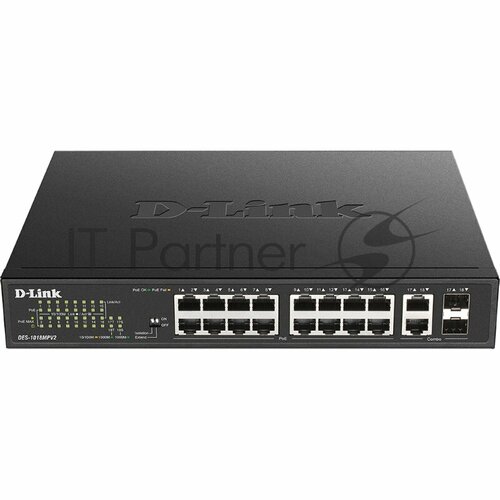 D-Link Коммутатор DES-1018MPV2 E Unmanaged Switch 16x100Base-TX PoE, 2xCombo 1000Base-T SFP, PoE Budget 247W, Long-range PoE up to 250m, metal case