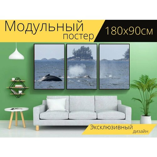 Модульный постер "Горбатый кит, дует, распыление" 180 x 90 см. для интерьера