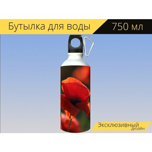 Бутылка фляга для воды "Маки, красный, простой" 750 мл. с карабином и принтом