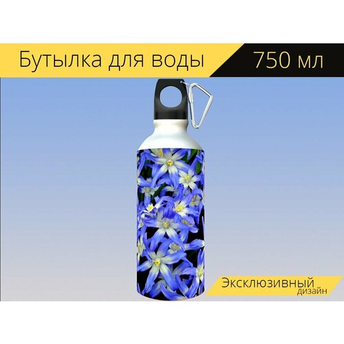 Бутылка фляга для воды "Мои звездочки, цветы, синий" 750 мл. с карабином и принтом
