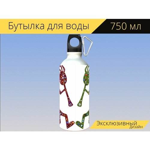 Бутылка фляга для воды "Кокопелли, обманщик, символ" 750 мл. с карабином и принтом