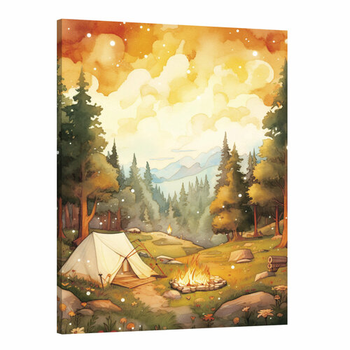 Интерьерная картина 50х70 "Пейзаж с палатками и костром"