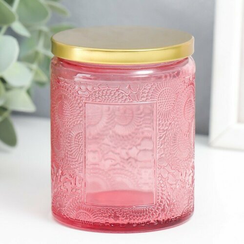 Банка для свечей стекло с крышкой "Цветочная" розовая, цилиндр 9х7х7 см, микс