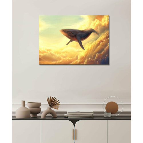 Картина - кит, арт, большой кит, кит летает, кит в облаках, кит под солнечными лучами (20) 20х30